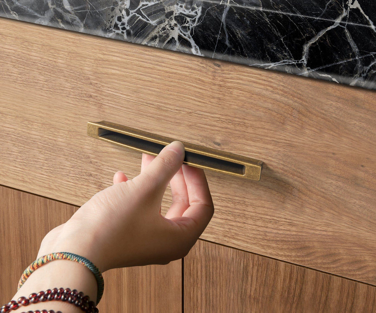 Fluted Antique Brass Cabinet Pulls Distinctive Shaped Drawer Handle wi